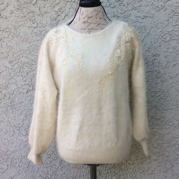 Vintage | Sweaters | Vintage Angora Rabbit Fur Soft Embellished Floral ...